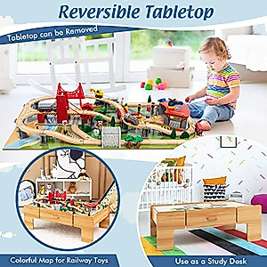 Costzon Train Table, 2 in 1 Kids Activity Table w/Storage Drawer, 100 Multicolor Pieces, Railway, Track, Cars, City, DIY Design, Reversible Tabletop, Gift for Boys Girls, Wooden Train Set (Natural)