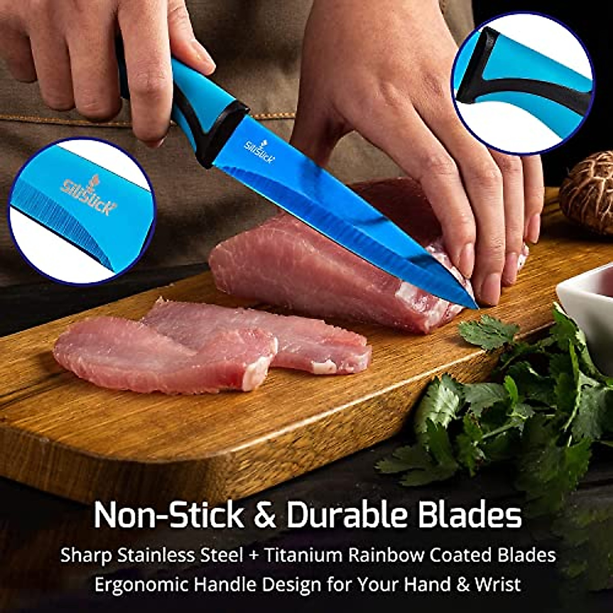 SiliSlick Stainless Steel Steak Knife Set - Titanium Coated Colorful Kitchen Knives with Straight Edge, Smooth & Sharp - Rainbow Iridescent Kitchen Gifts & Accessories