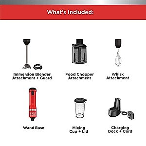 BLACK+DECKER Kitchen Wand Cordless Immersion Blender, 3 in 1 Multi Tool Set, Hand Blender with Charging Dock, Whisk, and Chopper, Red (BCKM1013K06)