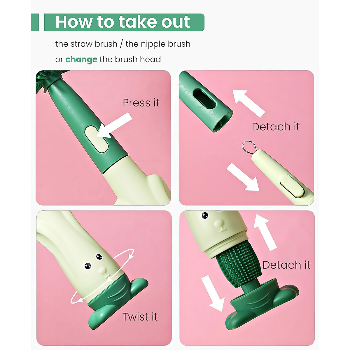 Ariseno 5-in-1 Baby Bottle Brush Set, Bottle Brush for Baby, Baby Bottle Scrubber, Including Silicone & Nylon Bottle Brush, Bottle Cap Brush, Straw Brush, Nipple Brush, BPA-Free (Red)