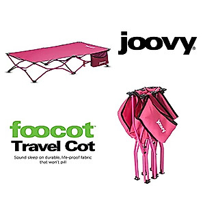 Joovy Foocot Travel Cot Featuring a Steel Frame and Tough Polyester Fabric, Storage Pocket, and Easily Folds into Included Travel Bag – Holds Kids Up to 48” Tall or 75 Lbs (Pink)