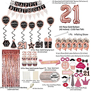 21st Birthday Decorations for her - (76pack) Rose Gold Party Banner, Pennant, Hanging Swirl, Birthday Balloons, Foil Backdrops, Cupcake Topper, Plates, Photo Props, Birthday Sash for Women Gift