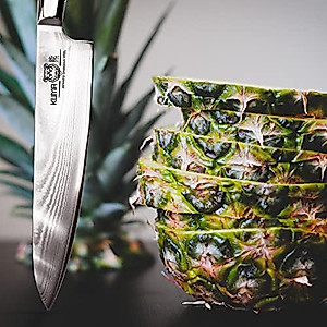 KUMA Professional Damascus Knife - 8 Inch Japanese Chef Knife, AUS10 Core - Corrosion And Stain Resistant - G10 Handle & Sheath Made Of Hardened Carbon steel