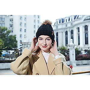 SAMZX Womens Winter Hat Thick Cable Knit Warm Beanie for Women with Faux Fur Pom Pom Hat Black