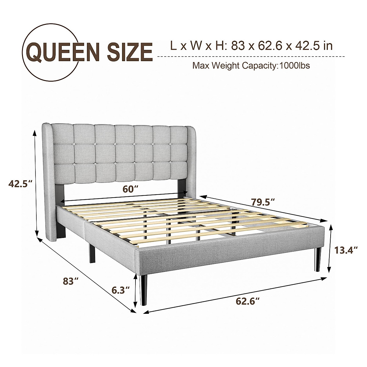 HAOARA Queen Bed Frame with Headboard and Upholstered Wingback, Modern Platform Bed Frame, Mattress Foundation Wooden Slats Support, No Box Spring Needed, Easy Assembly, Light Grey