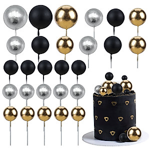 Gyufise 30Pcs Ball Cake Toppers Ball Cake Picks Ball Shaped Cupcake Insert Cake Topper for Bear Theme Birthday Party Favors Wedding Decoration Supplies Black Gold Silver