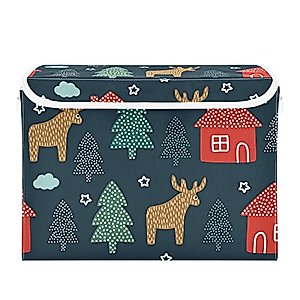 Forest Design for Winter Holidays Large Foldable Storage Boxes with Lid, Fabric Collapsible Storage Bin Closet Organizer, Storage Box with Handles for Clothes Storage, Toys Storage, Room Organization