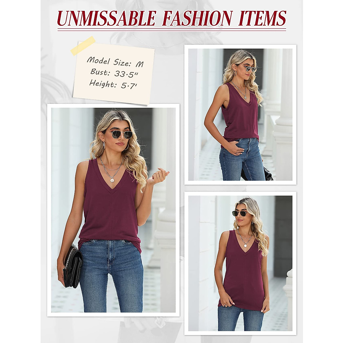 TICTICMIMI Women's Summer V Neck Tank Tops Casual Basic Sleeveless Tanks Cute Loose Tunic Shirts Mulberry