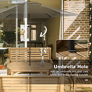 Outsunny 5 Piece Wooden Patio Dining Set for 6, Outdoor Conversation Set with 2 Armchairs, 2 Loveseats, and Dining Table with Umbrella Hole for Backyard, Garden, Light Brown