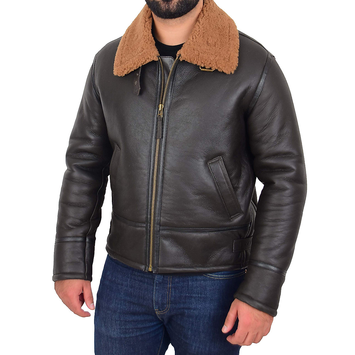 A1 FASHION GOODS Original Sheepskin Flying Jacket For Men B3 Bomber Aviator Pilots Shearling Coat Raptor (Brown/Ginger, Small)