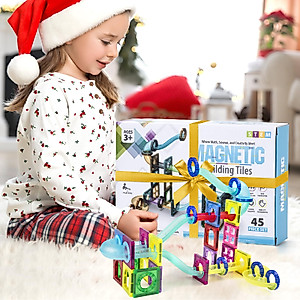 Marble Run Magnetic Tiles, 45pcs Marble Run Race Track 3D Magnetic Building Blocks, STEAM Educational Toy, Child Brain Development Kit Toy for Girls Boys Toddlers Kids Ages 3 4 5 6 7 8+