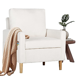 TYBOATLE Accent Chair, Mid-Century Modern Fabric Living Room Arm Chair, Furry Cozy Upholstered Armchair w/Side Pocket, Reading Lounging Side Chairs for Office, Apartment, Bedroom (Cream White)
