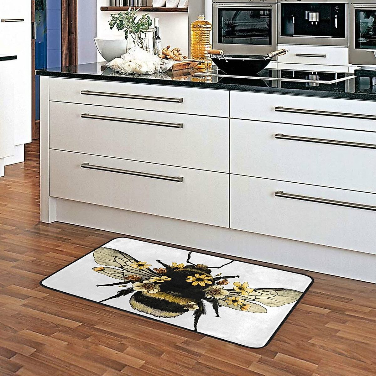 Bees Spring Kitchen Rugs Flowers Summer Bath Mat for Bathroom Absorbent Non Skid Washable Standing Floor Desk Mat Runner Carpet for Home Office Hallway Sink Stove Laundry 39X20 inches