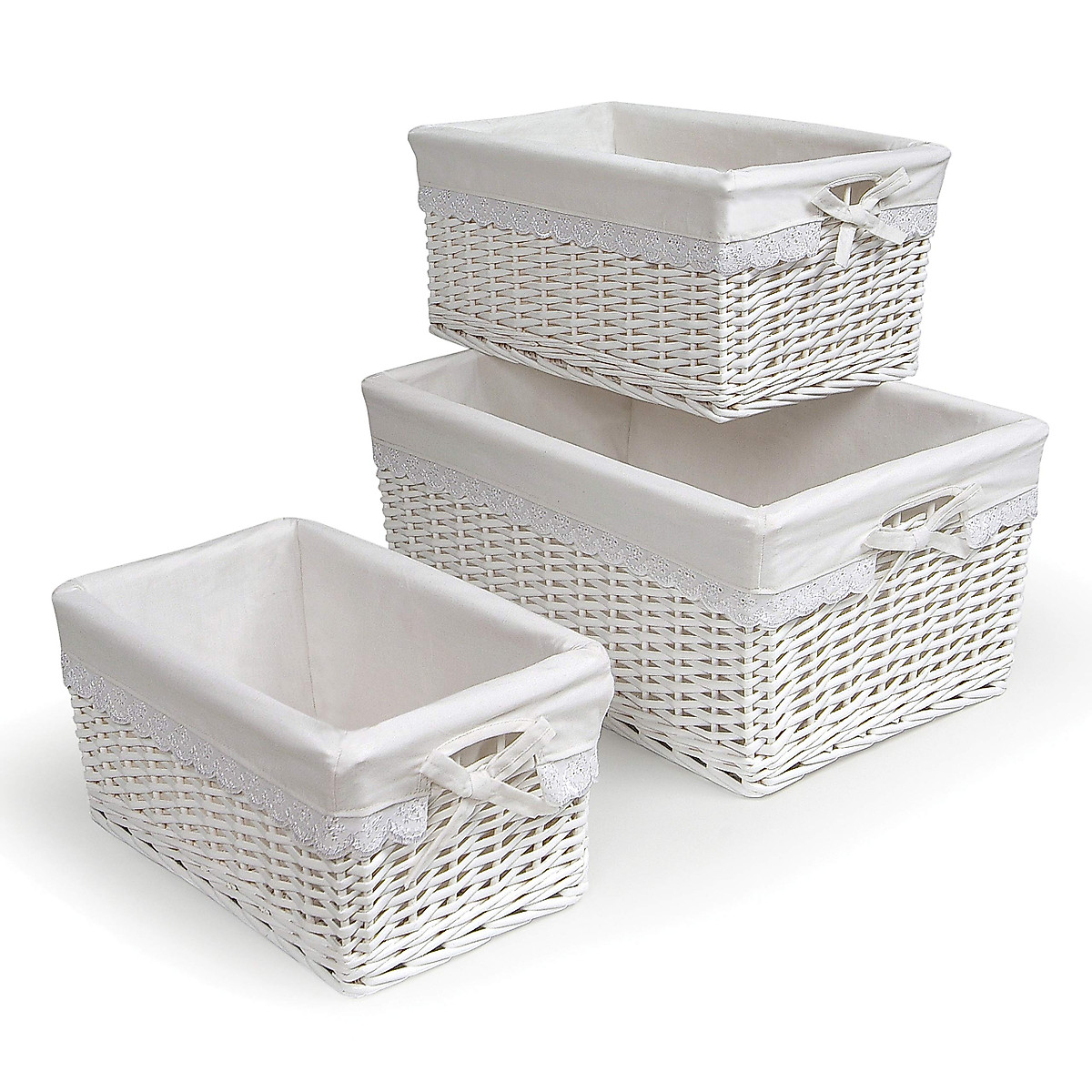 Badger Basket Nesting Wicker Nursery Baskets with Fabric Liner - Set of 3 - White