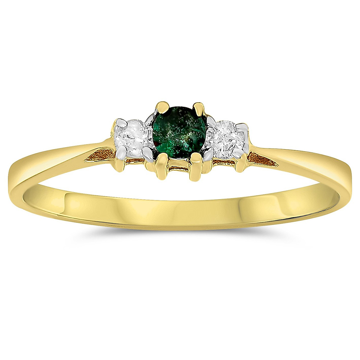14k Yellow Gold Green Emerald Gemstone & Diamond 3 Stone Promise Stackable Ring May Birthstone Jewelry For Women, Anniversaries, Valentines Day, Mothers Day (Emerald 0.10 Ct., Diamond 0.08 Ct.) Size 7