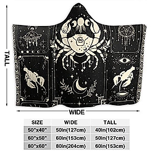 Zodiac Hooded Blanket Printed with Cancer Constellation Astrology Black Gold Throw Wearable Blanket Cute Soft Warm Cozy Shawl Gift for Women Wife Mother Sister Girl Adult 80"X60" L for Adult