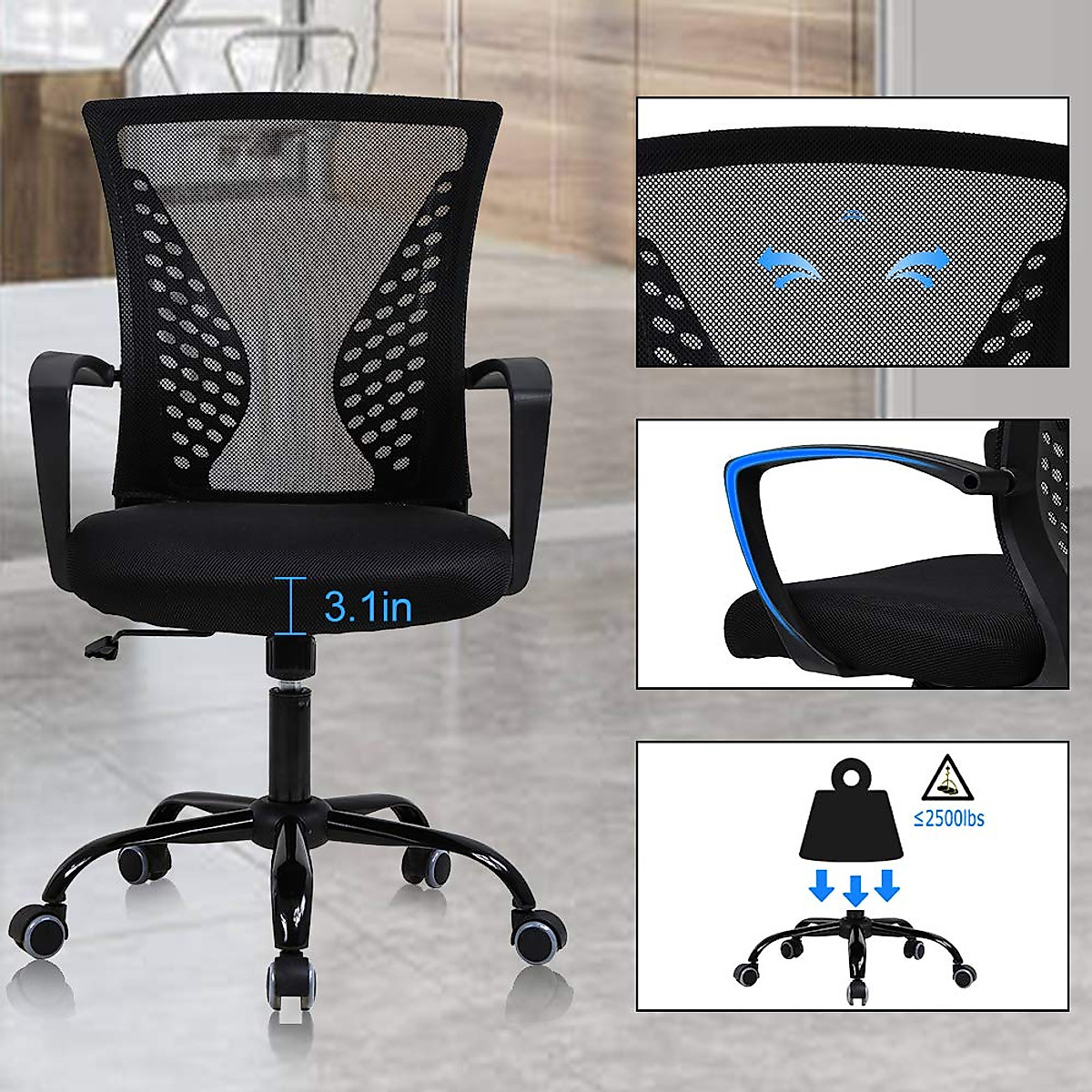 BestShop Ergonomic Office Chair Home Desk Chair Mid Back Mesh Chair Swivel Rolling Computer Chair Modern Task Chair Executive Chair with Armrests Lumbar Support for Women Men, White