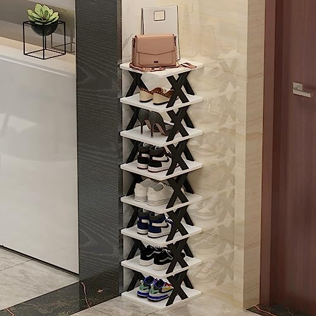 7 Tiers Small Shoe Rack,Narrow Vertical Free Standing Shoe Tower,Space Saving Furniture Shoe Storage Organizer for Corner,Entryway,Door,Hallway,Closet,Bedroom,Stable in Structure and Stackable,Black