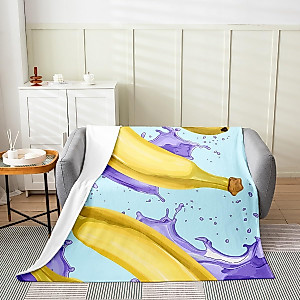 Kids Yellow Banana Blanket Queen 90x90,Cartoon Fruit Throw Blanket,Purple Water Banana Fleece Blanket,Summer Tropical Food Bed Blanket for Home Room Decor,Luxury Soft Microfiber