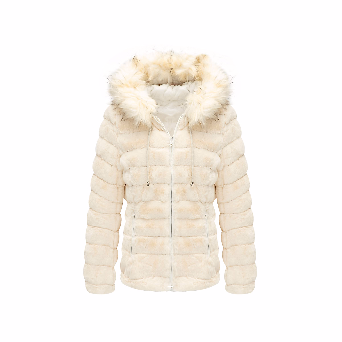 Bellivera Women Double Sided Faux Fur Jacket Reversible Winter with Fur Collar Hood Puffer Coat Worn on Both Sides 19225 White L