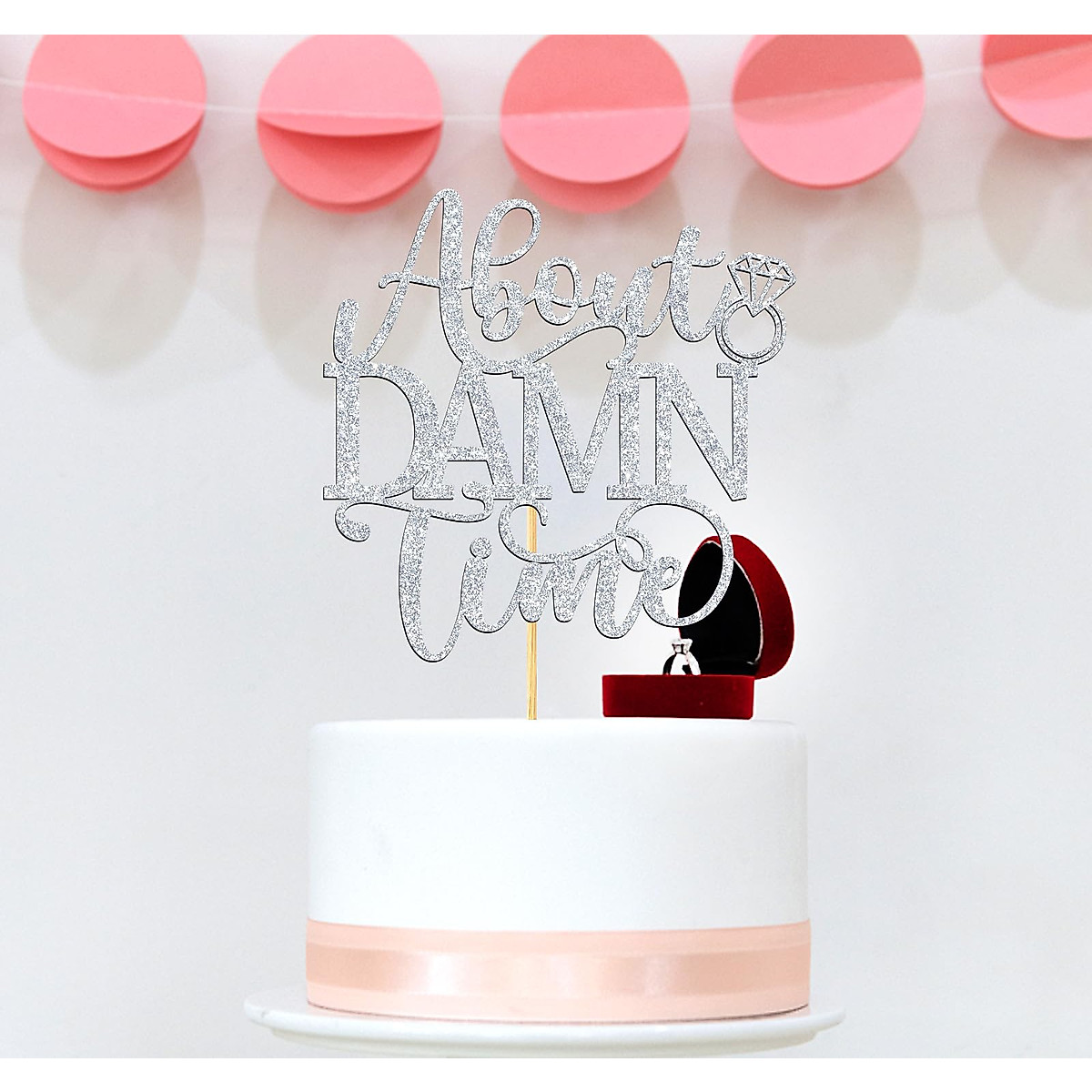 About Damn Time Cake Topper,Funny Wedding/Engagement/Bridal Shower/Happy Birthday Party Decorations Supplies for Men Women, Silver Glitter