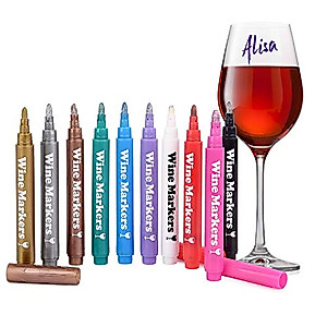 Wine Glass Markers, Pack of 10 By Vaci + Stencils + Glass Lables, Metallic Color Pens Drink Markers, Personalize your Drink, Washable Wine Accessories Gift