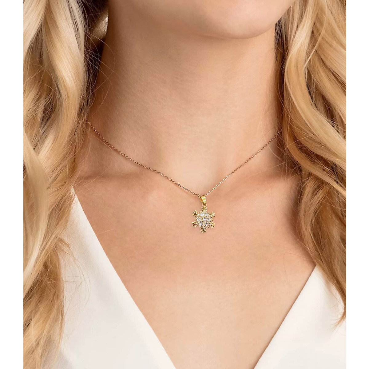 BLUEW Snowflake Pendant Necklace, Gold Plated Stainless Steel Dainty Handmade Jewelry for Women, Sparkly Cubic Zirconia, Diamond Crystal, Stylish Design, Delicate - Gift for Her