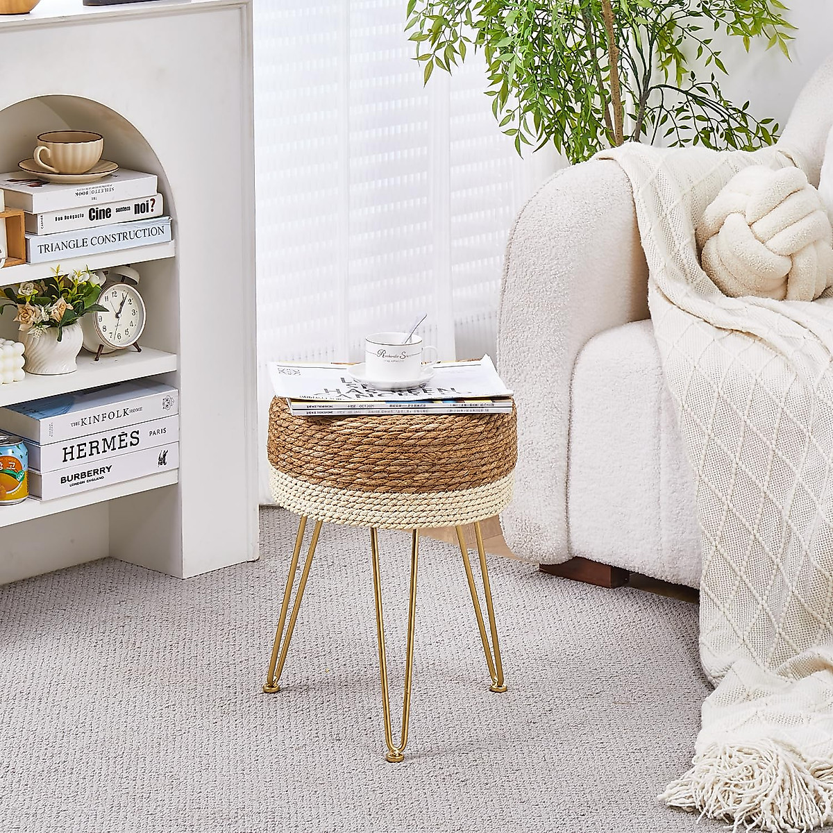 Cpintltr Natural Seagrass Hand Weave Poufs Vanity Stool Velvet Ottoman Stool Round Ottoman Foot Stool with Metal Legs for Living Room Bedroom Natural White