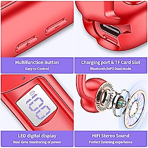 Bone Conduction Bluetooth Headphones, Open-Ear Wireless Headphones with Microphone, Sports Headset Power Display TF Card Slot Sweatproof Earphones for Outdoor, Running, Cycling, Driving, Gym-Red