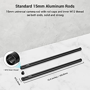 SmallRig 16 Inches (40 cm) Black Aluminum Alloy 15mm Rod with M12 Female Thread, Pack of 2 - 1054