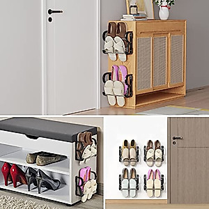DEYILIAN Wall Mounted Shoes Rack 4 Pack, Hanging Shoe Organizer, Door Hanging Shoe Rack with Sticky Mounts, Wall Shoe Holder for Camper RV Shoe Storage with Hooks No Drilling Black