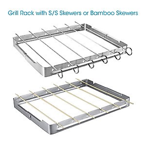 UNICOOK Heavy Duty Stainless Steel Barbecue Skewer Shish Kabob Set, 6pcs 13"L Skewer and Foldable Grill Rack Set, Durable and Reusable, Bonus of 50pcs 12.5"L Bamboo Skewers for Party and Cookout