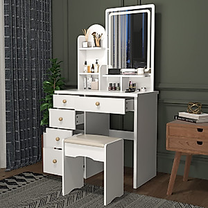 Hitow 31.5'' Makeup Vanity Set with Drawer and Shelf, Wood Dressing Table with Lighted Screen Mirror, Girls Makeup Vanity Table with Jewelry Organizer for Bedroom, White