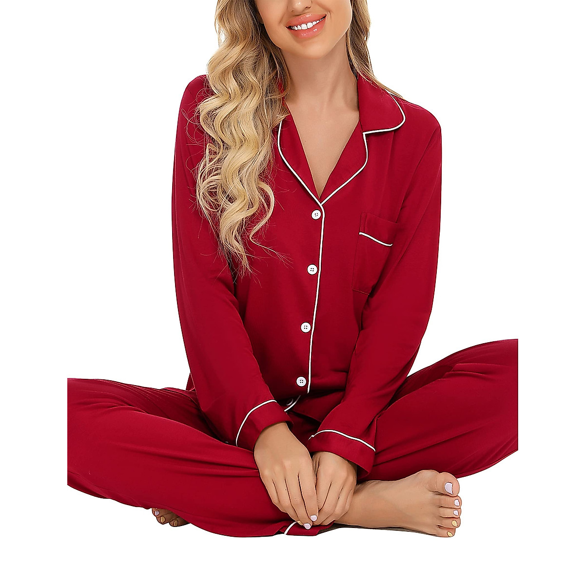 Pjmlifecoco Pj Sets for Woman Long Sleeve Button Down Sleepwear Two Piece Shirt and Pajama Pants Soft Pajamas Nightwear Lounge Set Red