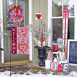 Baccessor Valentine's Day Welcome Garden Flag Double Sided Tulips Hugs Kisses Be Mine Love Heart Burlap Flag 12.5x18 inch Spring Seasonal Holiday Yard Outdoor Decoration