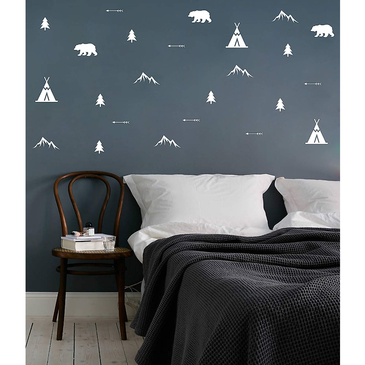 Set of Woodland Bears, Arrows, Teepees, Trees and Mountains Wall Decals, Vinyl Stickers for Bedroom, Living Room, School, Nursery Wall Decals A41 (White)