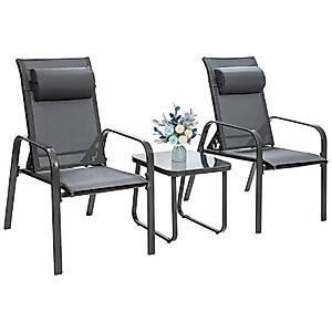 Tangkula 3 Piece Outdoor Bistro Set, Patio Stackable Chairs with Adjustable & Folding Backrest, Removable Headrest and Tempered Glass Coffee Table Set, Patio Conversation Set with Steel Frame (Grey)