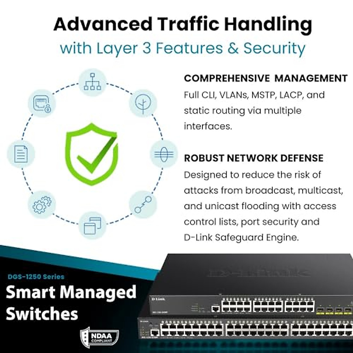 D-Link 28-Port Gigabit Smart Managed PoE+ Switch | 24 PoE+ Ports (370W) + 4 10G SFP+ Ports| L2+/L3 Lite |VLANs |Web Managed |Surveillance Mode | Rackmount | NDAA Compliant (DGS-1250-28XMP-6KV)