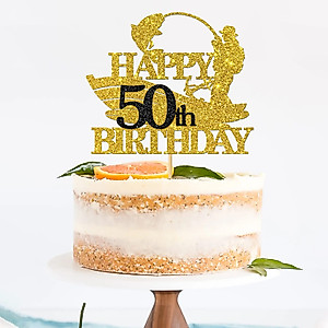 Fisherman Happy 50th Birthday Cake Topper - Fishing 50th Birthday Cake Decor Supplies - Fishing Enthusiasts 50th Birthday Party Decorations - Gold Glitter (50th)