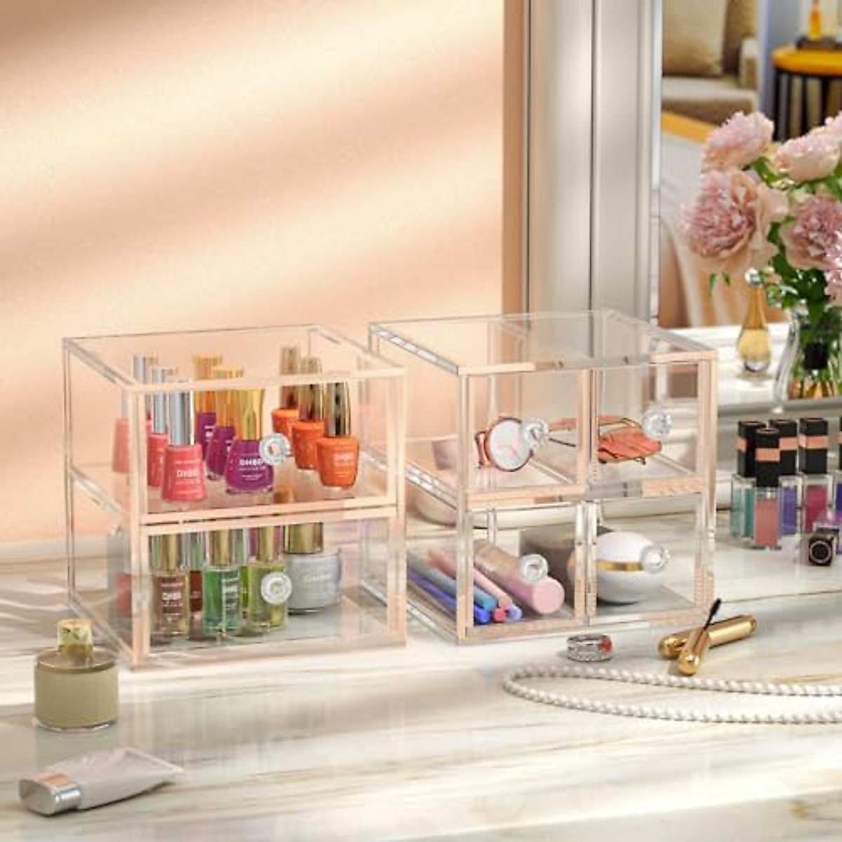 AITEE Acrylic Clear Makeup Organizer with 4 Drawers Stackable Cosmetics Storage Display Case for Vanity,Bathroom Counter, Dresser,Desktop,Countertop Holder for Lipstick, Eyeshadow, Nail Polish
