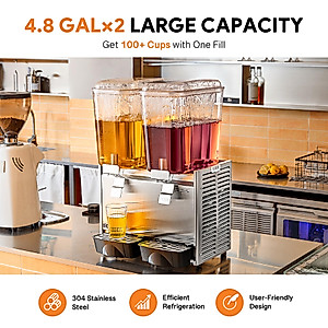 WILPREP Commercial Beverage Dispenser, 18L x 2 Tanks 9.6 Gallon Refrigerated Juice Dispenser with Thermostat Controller, Food Grade Stainless Steel 550W Iced Beverage Dispenser, ETL & ETL Sanitation