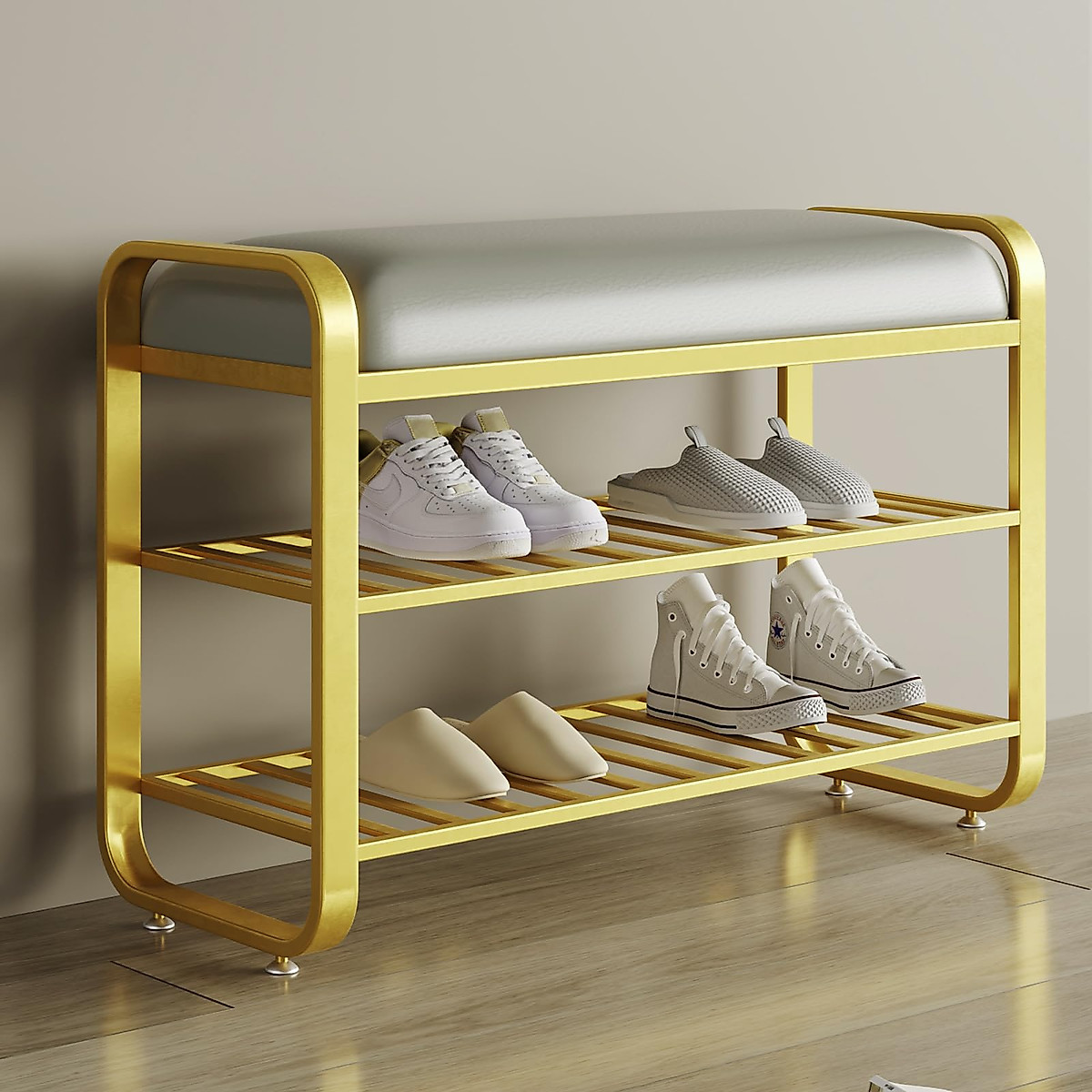 BUZUEY Shoe Bench,entryway Bench with Shoe Storage,Metal Shoe Rack Bench with Cushion Padded seat,Small Shoe Storage Bench for entryway, Hallway,Bedroom (23.6 * 12.5 * 20.4, Golden)
