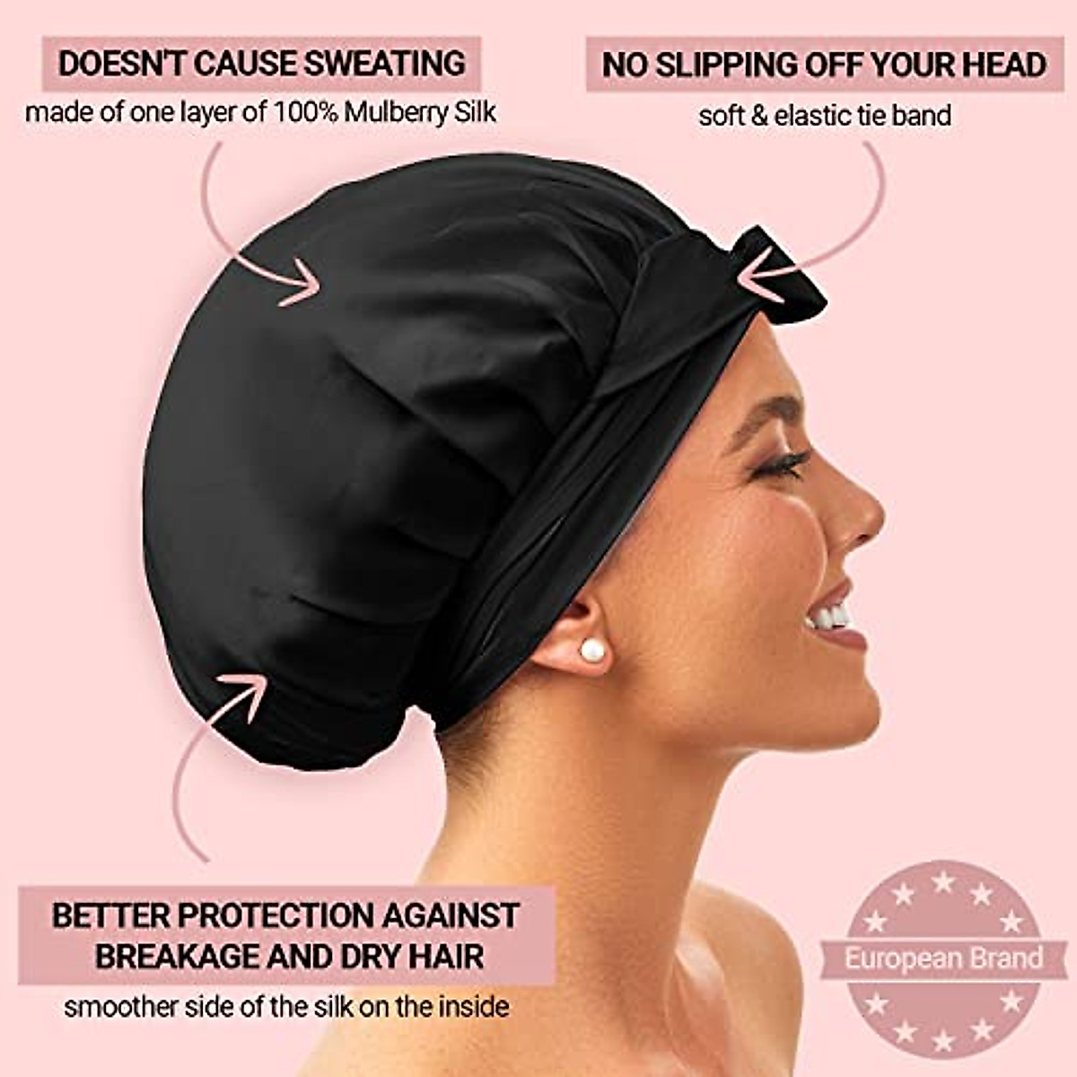 Silk Bonnet – 100% Mulberry Silk Sleep Cap Breathable & Adjustable Sleeping Caps Silk Hair Wrap Women Night Cap for Curly Hair with Elastic Tie Band Silk Satin Turban (Black)