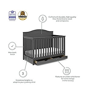 Storkcraft Moss 5-in-1 Convertible Crib with Drawer (Gray) – GREENGUARD Gold Certified, Crib with Drawer Combo, Includes Full-Size Nursery Storage Drawer, Converts to Toddler Bed and Full-Size Bed