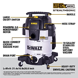 DEWALT 10 Gallon STEALTHSONIC Shop Vacuum Wet and Dry, Ultra Quiet Heavy Duty Shop Vacuum with Attachments, Powerful Outdoor Shop Vac for Car, Garage, Workshop, Jobsite, Patio, DXV10S-QT, 5 Peak HP