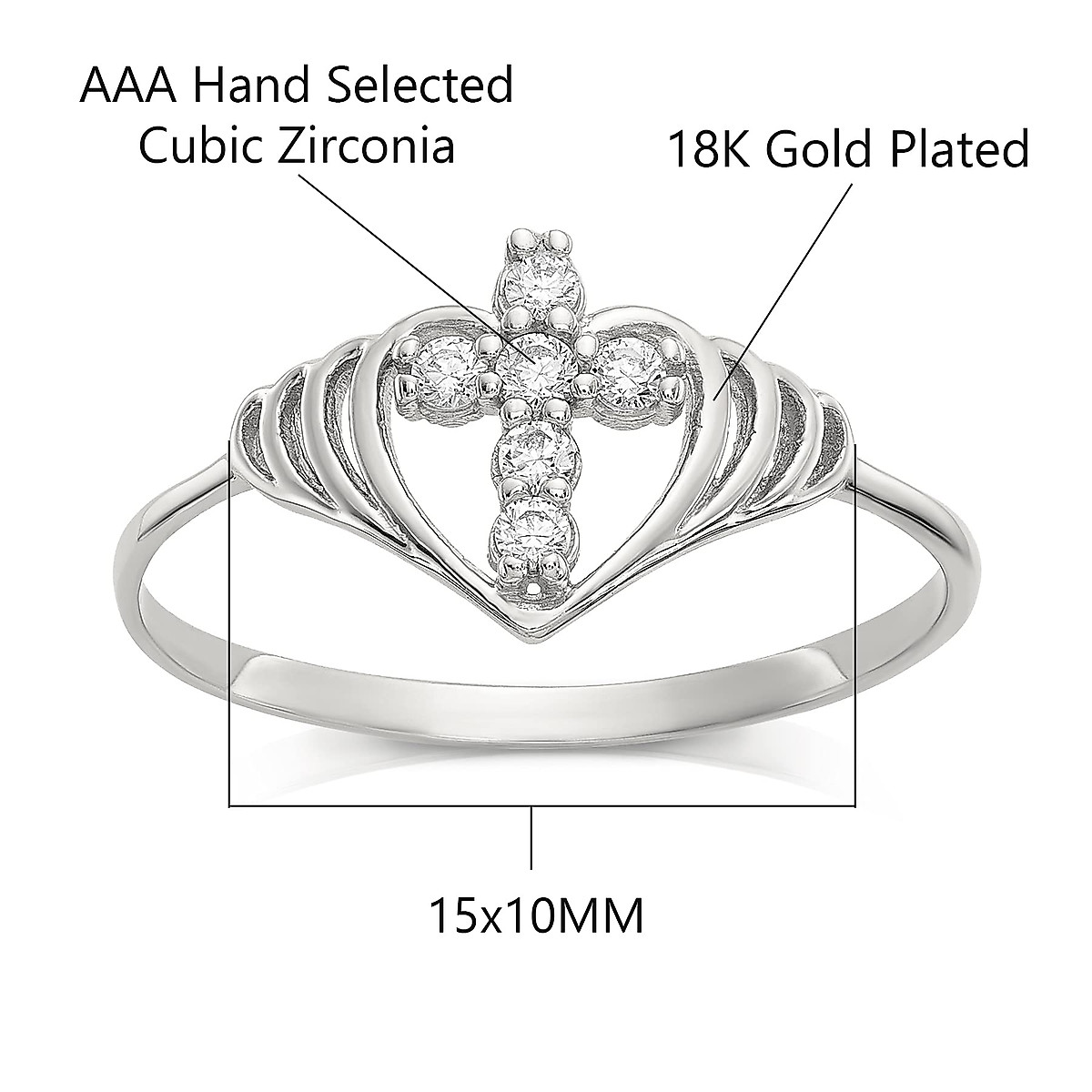 Savlano 18K White Gold Plated Round Cut Cubic Zirconia Vertical Cross in Heart Band Ring Women Religious Ring (6)