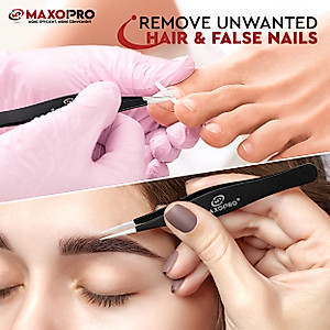 Professional Sharp Tweezers Pointed Tip | Stainless Steel, Fine Tip Needle Nose Tweezers for Women and Men | Facial & Eyebrow Hair, Ticks, Precision Splinter & Ingrown Hair Removal by MAXOPRO – Black