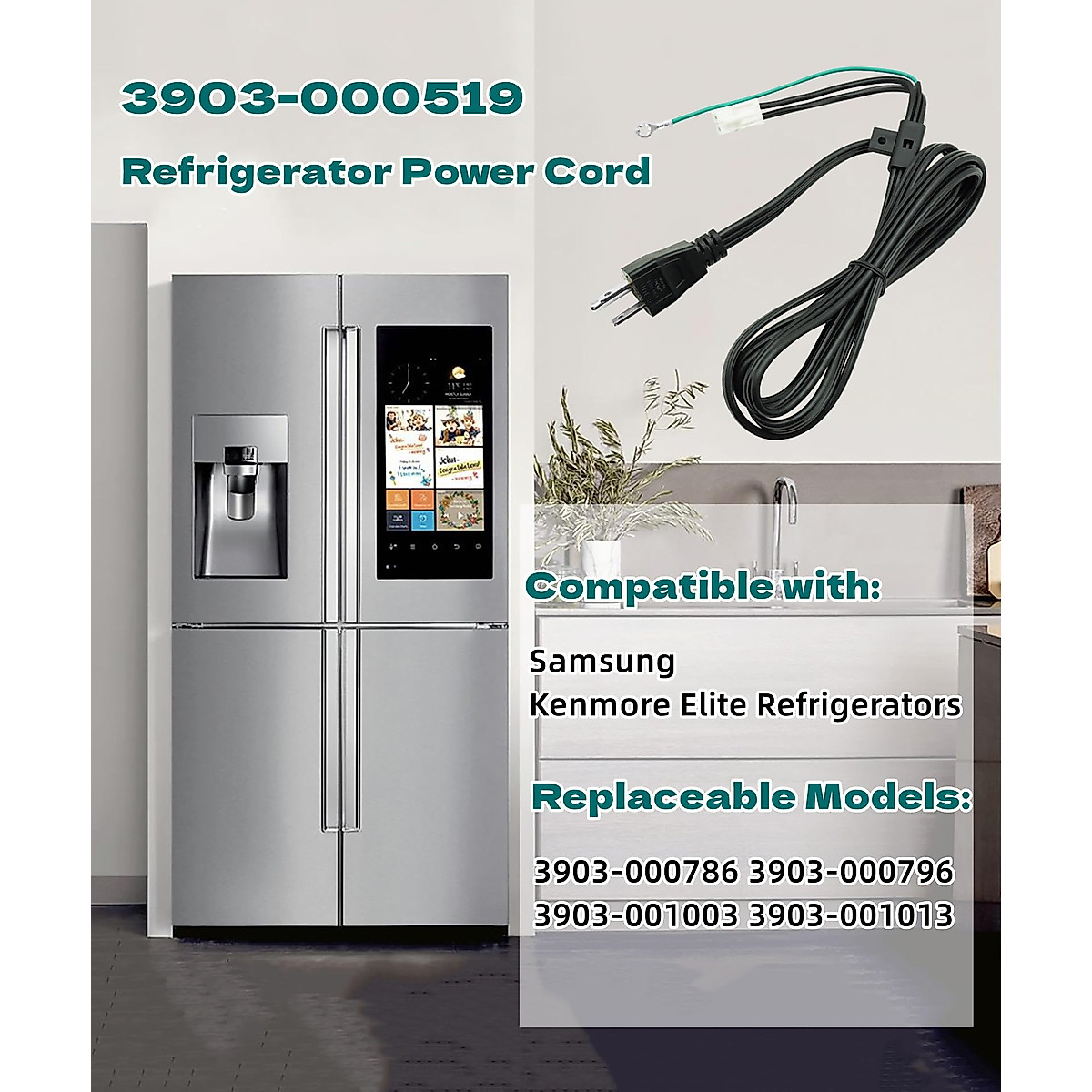 Taruimoo 3903-000519 3903-001003 Refrigerator Power Cord Compatible with Samsung RH29H8000SR/AA-00,RF261BEAEWW/AA-01 etc,Replacement Fridge Power Cord 3903-001013,3903-000796,3903-000786 etc