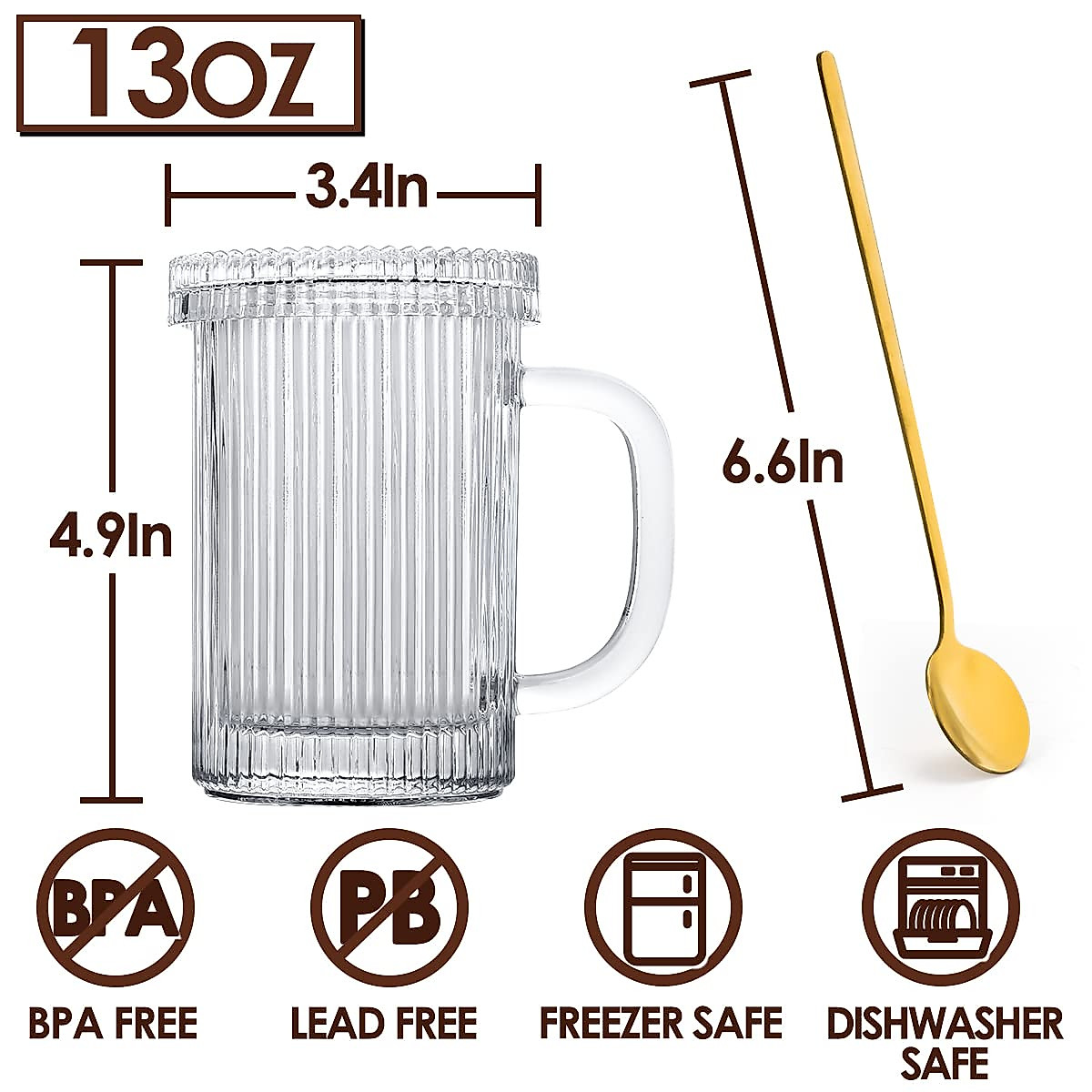 Swetwiny Clear Glass Coffee Mugs, 13oz Classic Vertical Stripes Tea Mug, Ribbed Mugs with Lid and Spoon for Espresso, Latte, Gift for Anniversary Christmas Birthday (Clear, Glass)