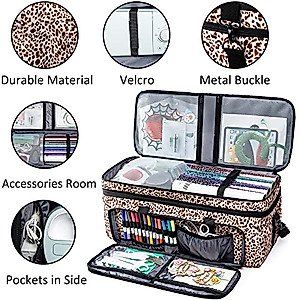 BAGSPRITE Double-Layer Carrying Case Compatible with Cricut Explore Air, Air 2, Maker and Maker 3, Cricut Case with Mat Pockets and Cricut Accessories Storage (Leopard)